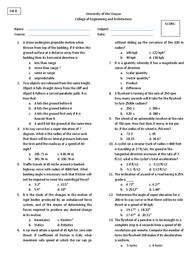 Set B Dynamics | PDF | Acceleration | Projectiles