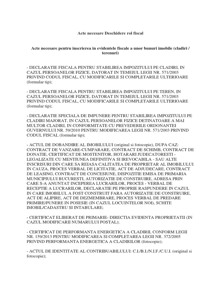 Acte Necesare Deschidere Rol Fiscal | PDF