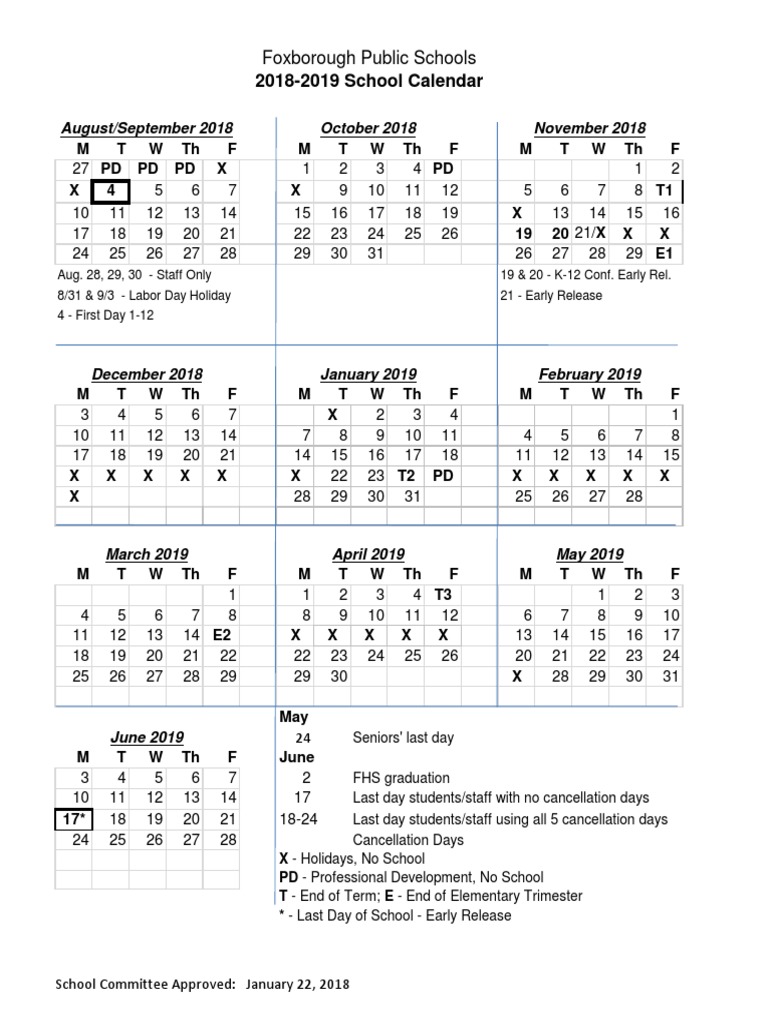 2018-2019 School Calendar: Foxborough Public Schools | PDF | Schools