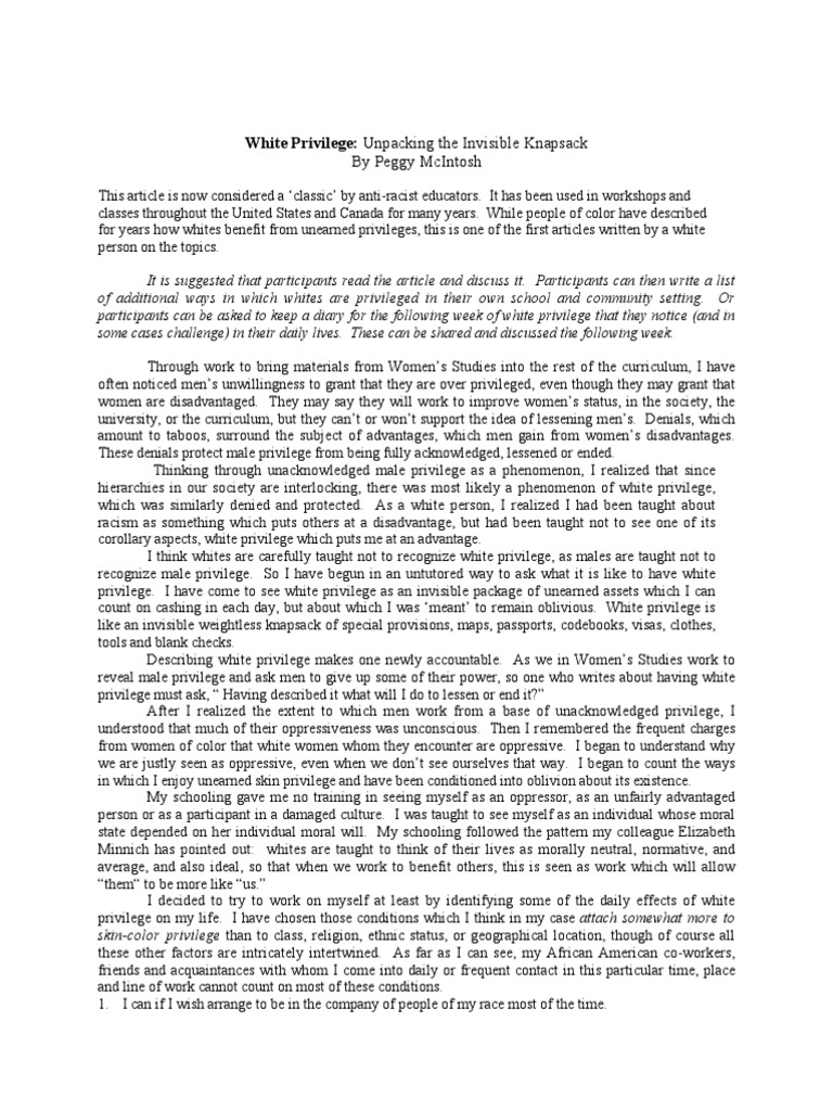 White Privilege: Unpacking The Invisible Knapsack: by Peggy Mcintosh | PDF