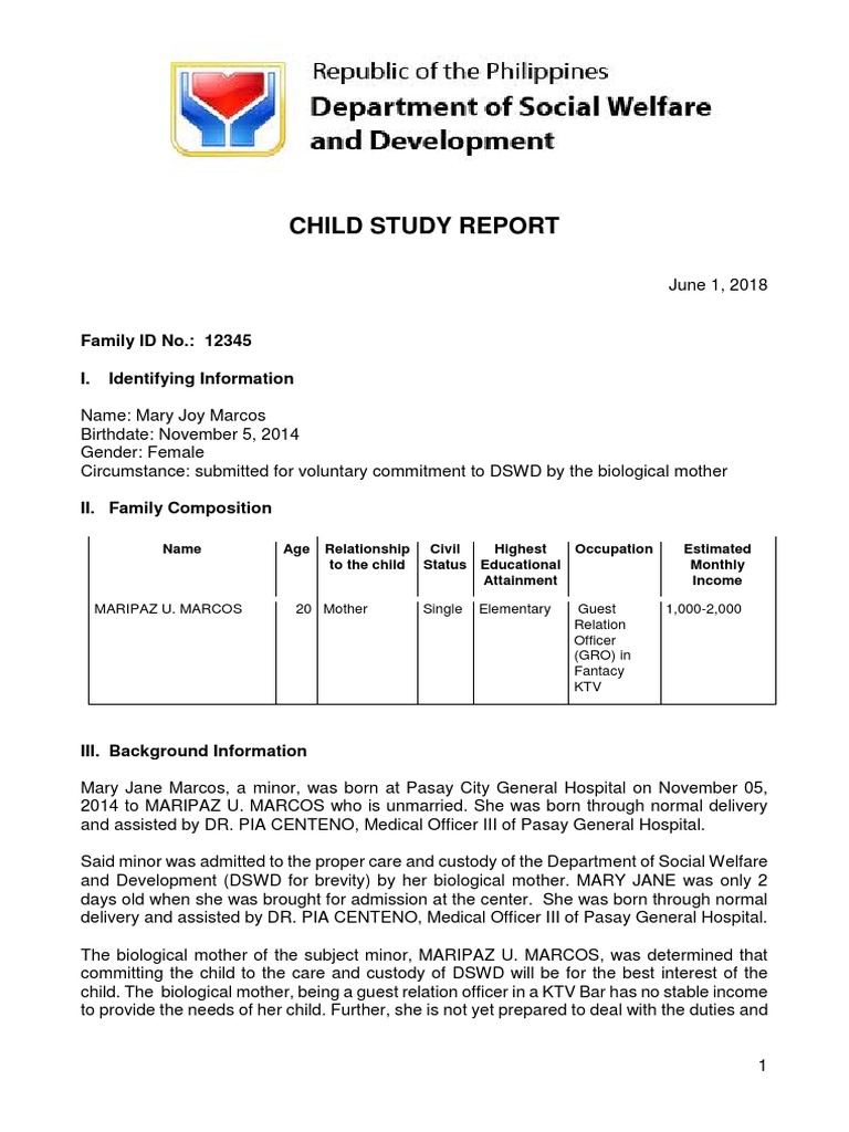 Child Study Report - Adoption Sample | PDF | Mother | Child Custody