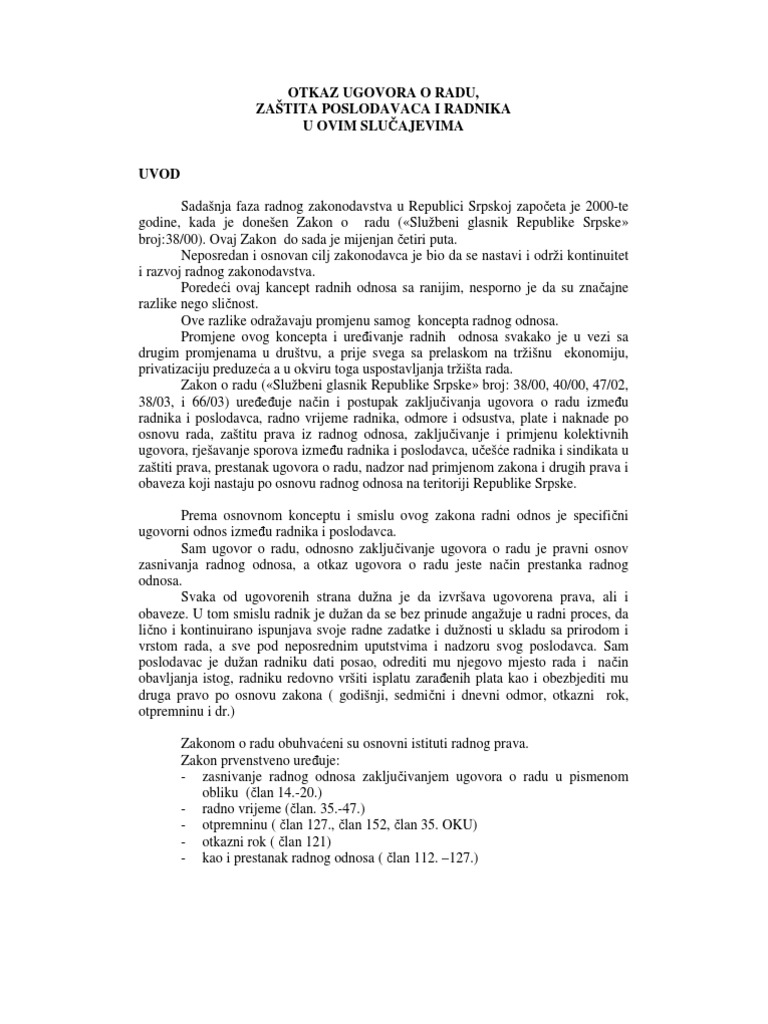 Otkaz Ugovora o Radu | PDF