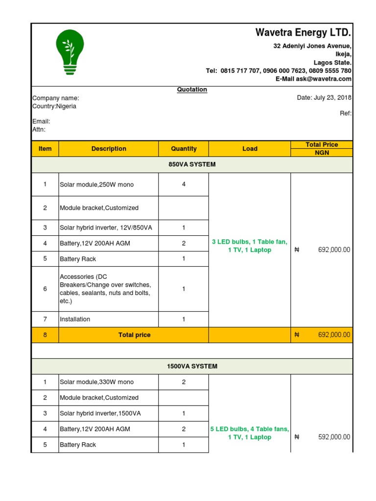 Wavetra Solar System Price Quotation | PDF | Power Inverter | Refrigerator