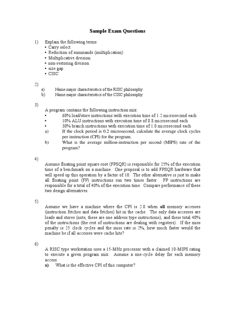 Sample Exam Questions | PDF | Cpu Cache | Central Processing Unit