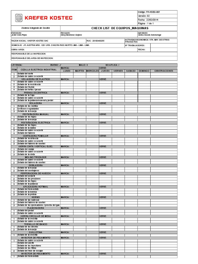 Check List de Equipos - Maquinas | Máquinas | Equipo