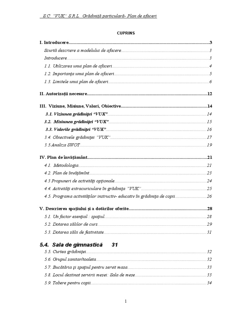 Plan Afaceri Gradinita Model 2018 PDF | PDF