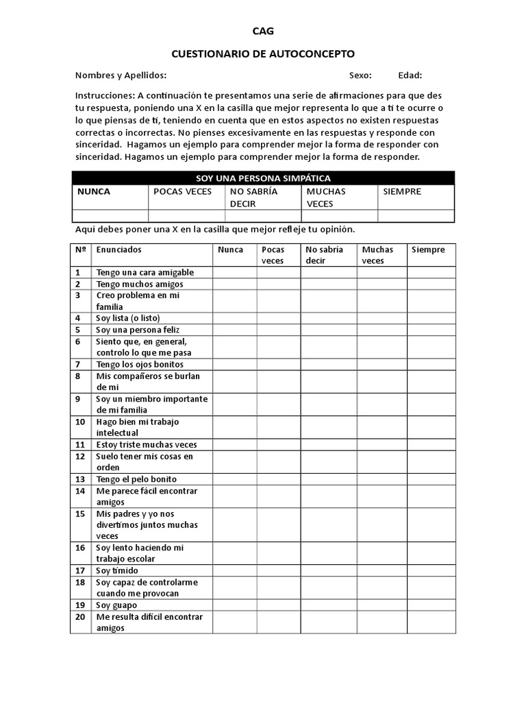 CAG Cuestionario de Autoconcepto de Garley | PDF | Ocio