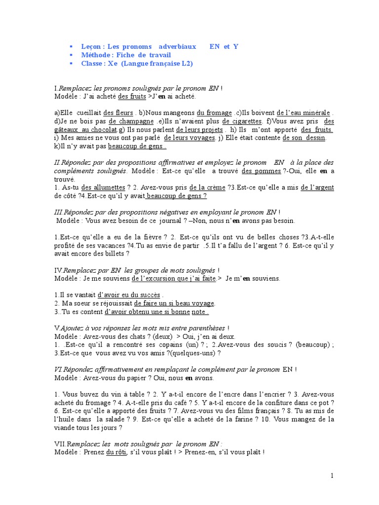 Pratique des pronoms EN et Y | PDF | Pronom | Boissons