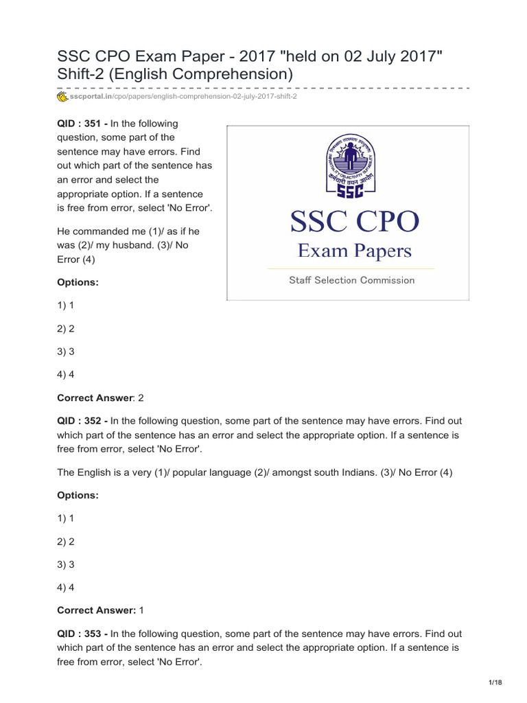 SSC CPO Exam Paper - 2017 "Held On 02 July 2017" Shift-2 (English ...