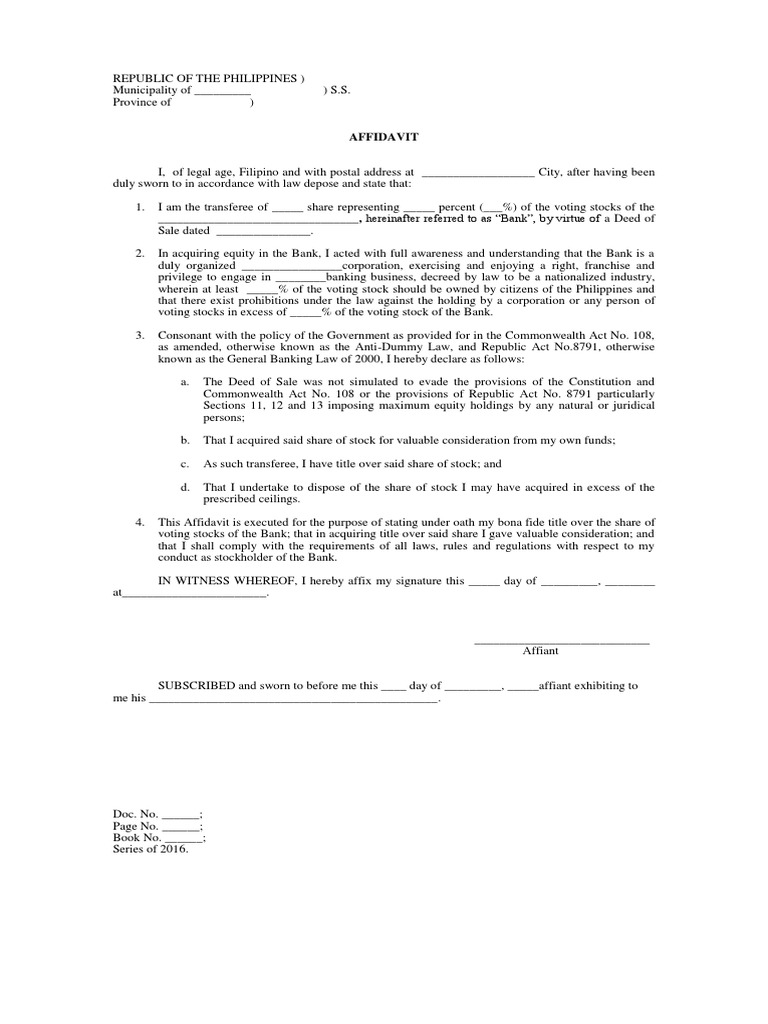 Affidavit of Stock Transfer | PDF | Affidavit | Banks