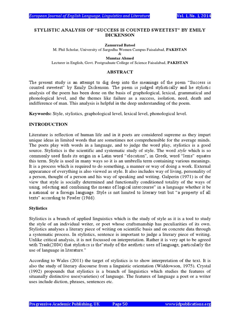 Stylistic Analysis of "Success Is Counted Sweetest" by Emily Dickenson ...