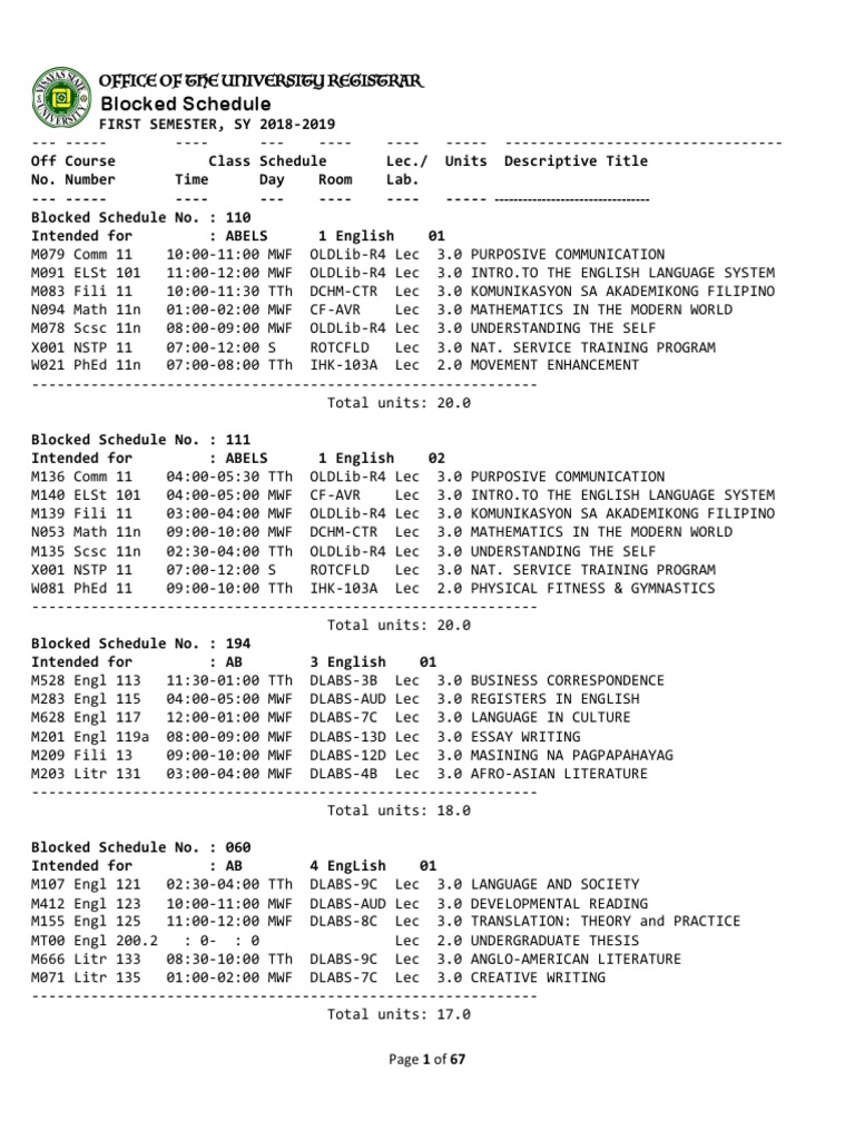 Block Schedule, 1st Semester 2018-2019 | PDF | Agriculture | Biology