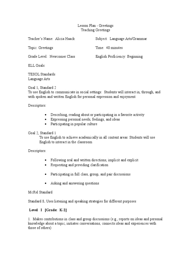Greetings Lesson Plan | PDF | Homework | Conversation