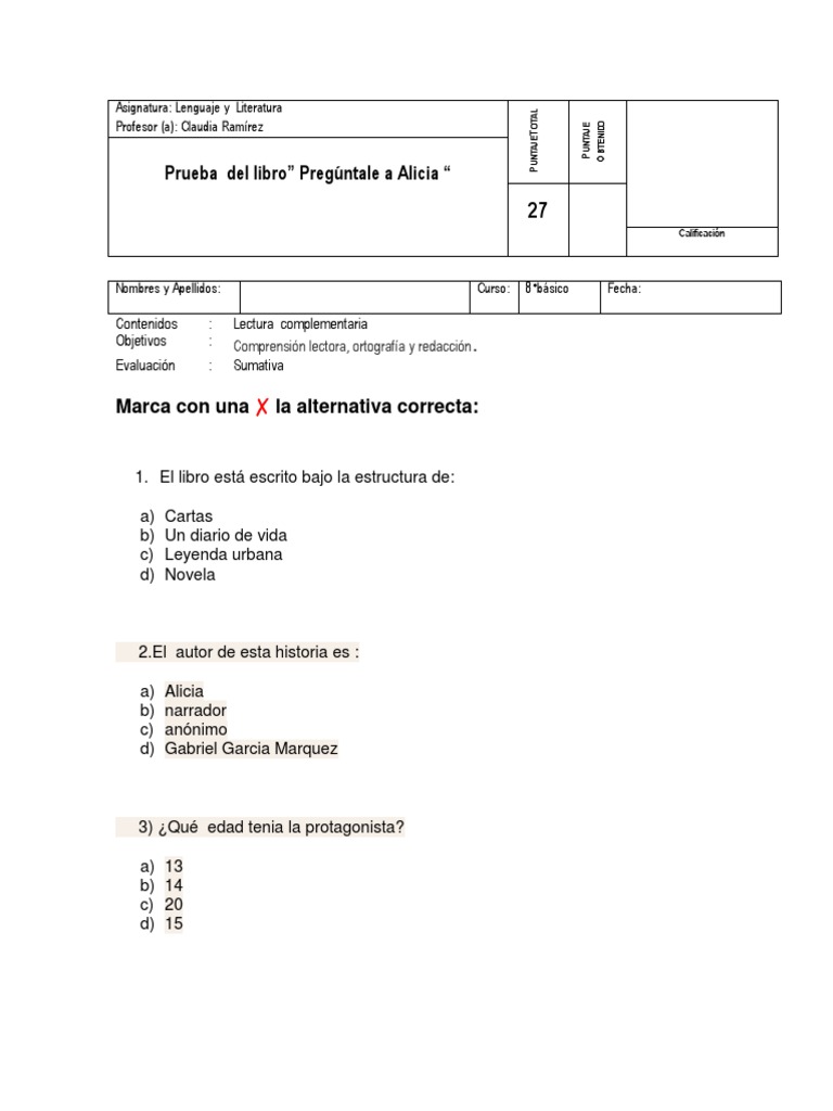 Prueba de Libro Pregúntale A Alicia | PDF