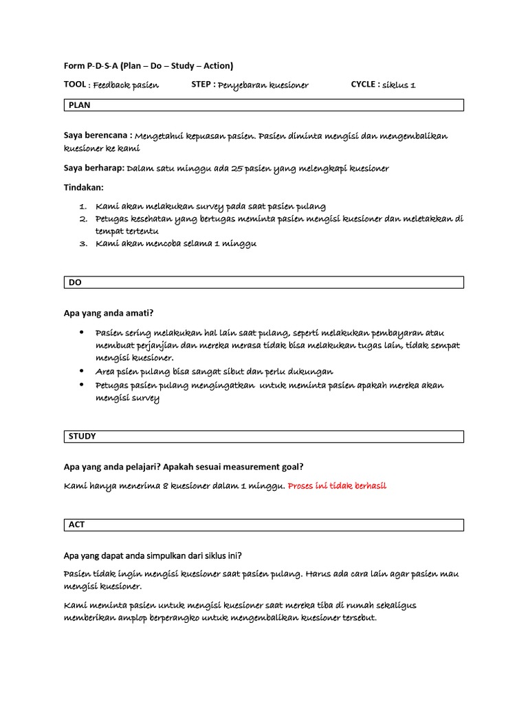 Langkah-Langkah PDSA Contoh | PDF