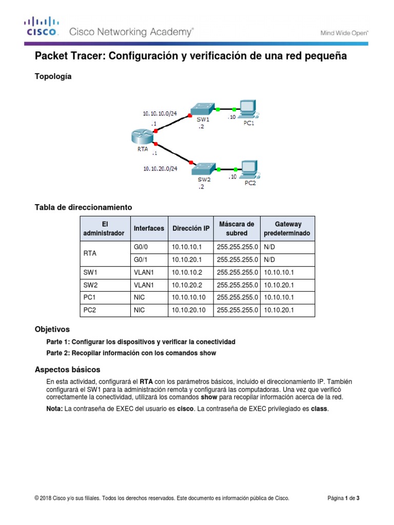 1.1.4.5 Packet Tracer - Configuring and Verifying A Small Network Instructions | PDF | Dirección ...