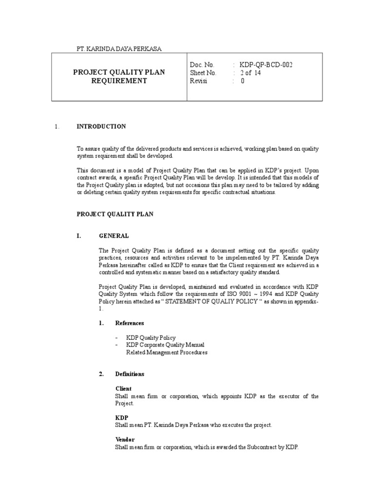 Project Quality Plan Requirement | PDF | Quality Assurance ...