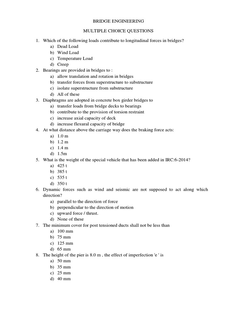 BRIDGE ENGINEERING MULTIPLE CHOICE QUESTIONS | PDF