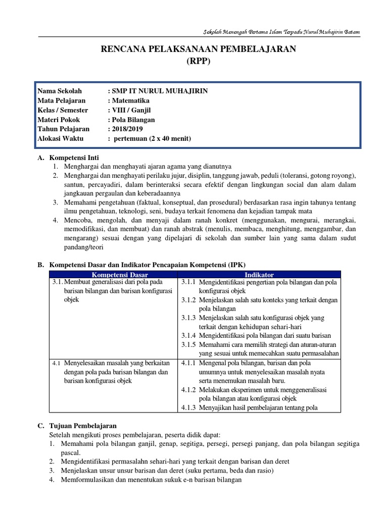 RPP Pola Bilangan | PDF
