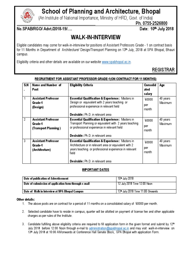 School of Planning and Architecture, Bhopal: Walk-In-Interview | PDF ...