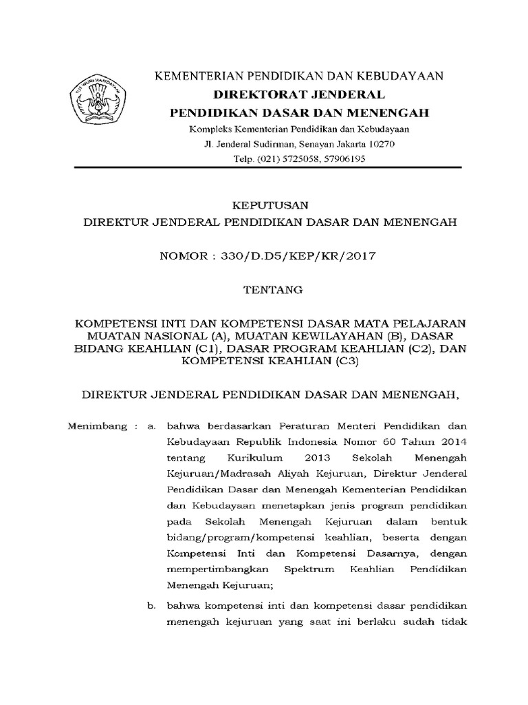 SK Dirjen No 330 2017 Tentang KIKD PDF | PDF