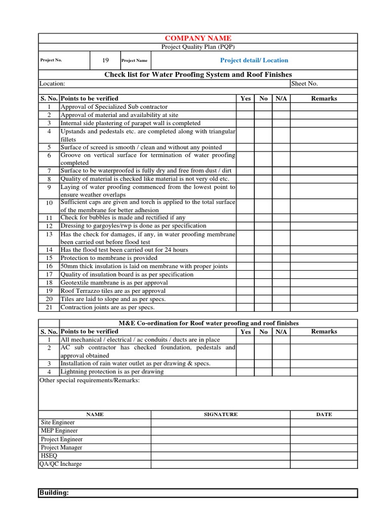 Quality Assurance Checklist for Waterproofing and Roof Finishing ...