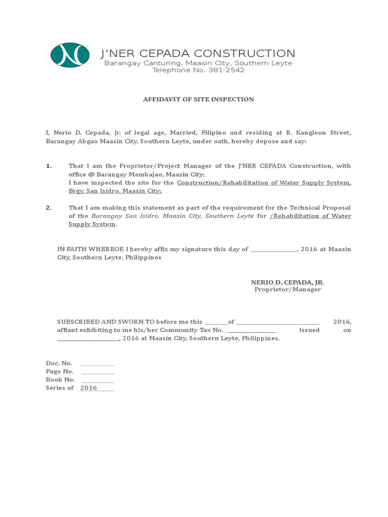 Site Inspection-Affidavit - Water Supply System | PDF | Affidavit ...