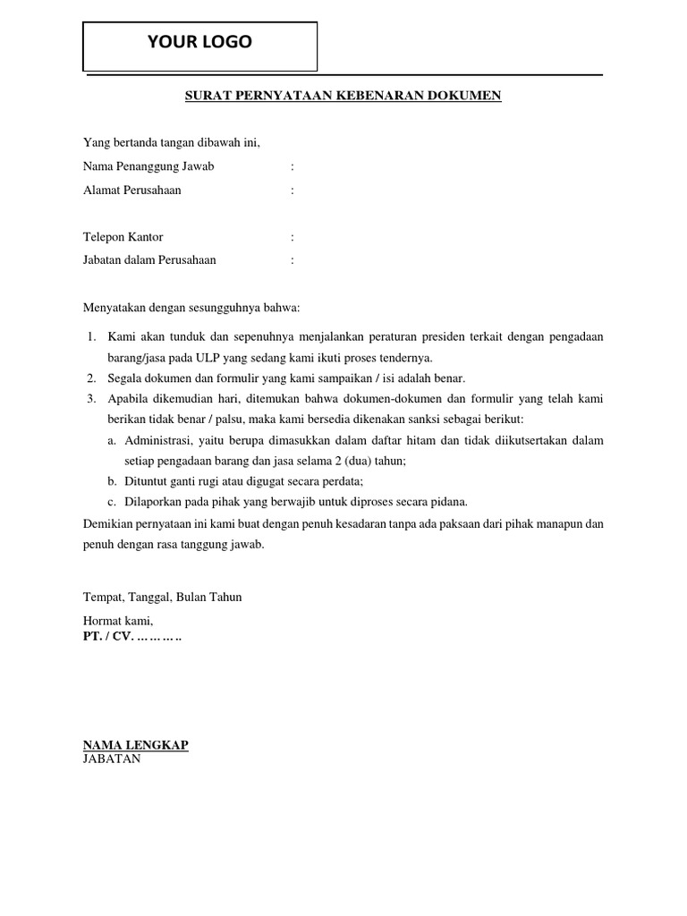 Format Surat Kebenaran Dokumen - Lelang | PDF