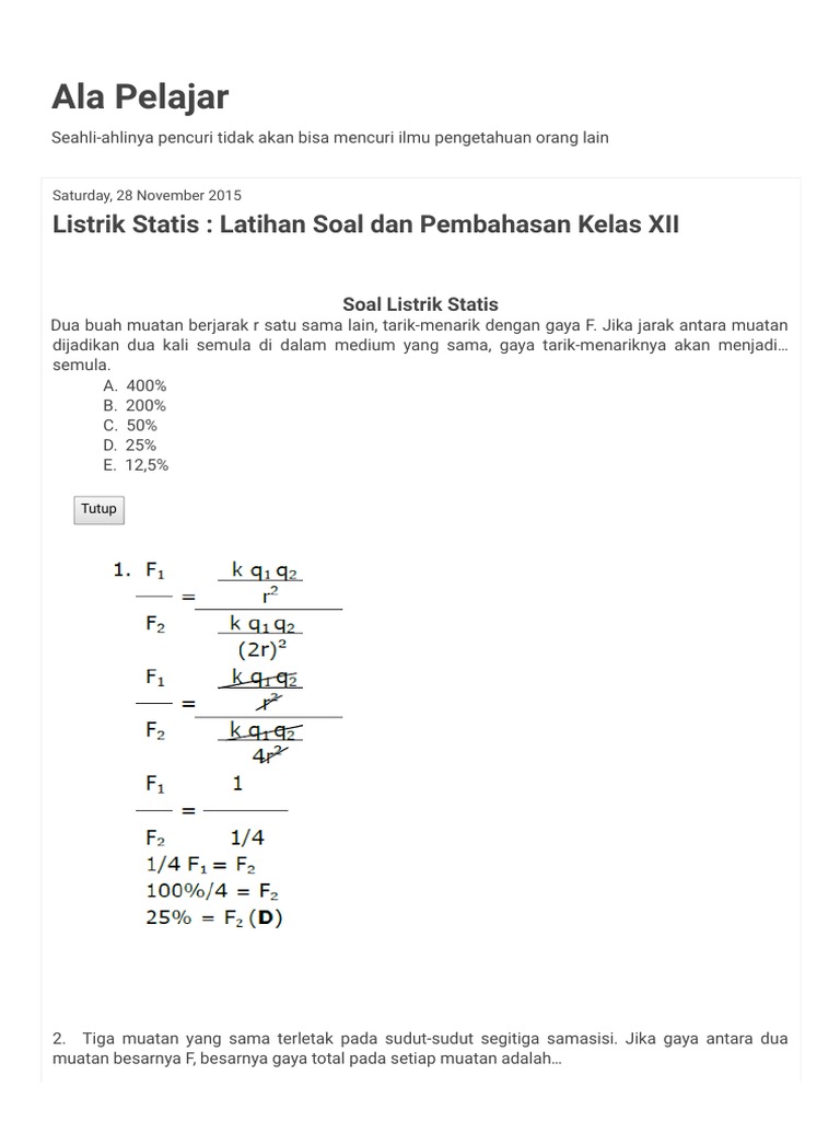 Ala Pelajar Listrik Statis Latihan Soal Dan Pembahasan Kelas XII PDF | PDF