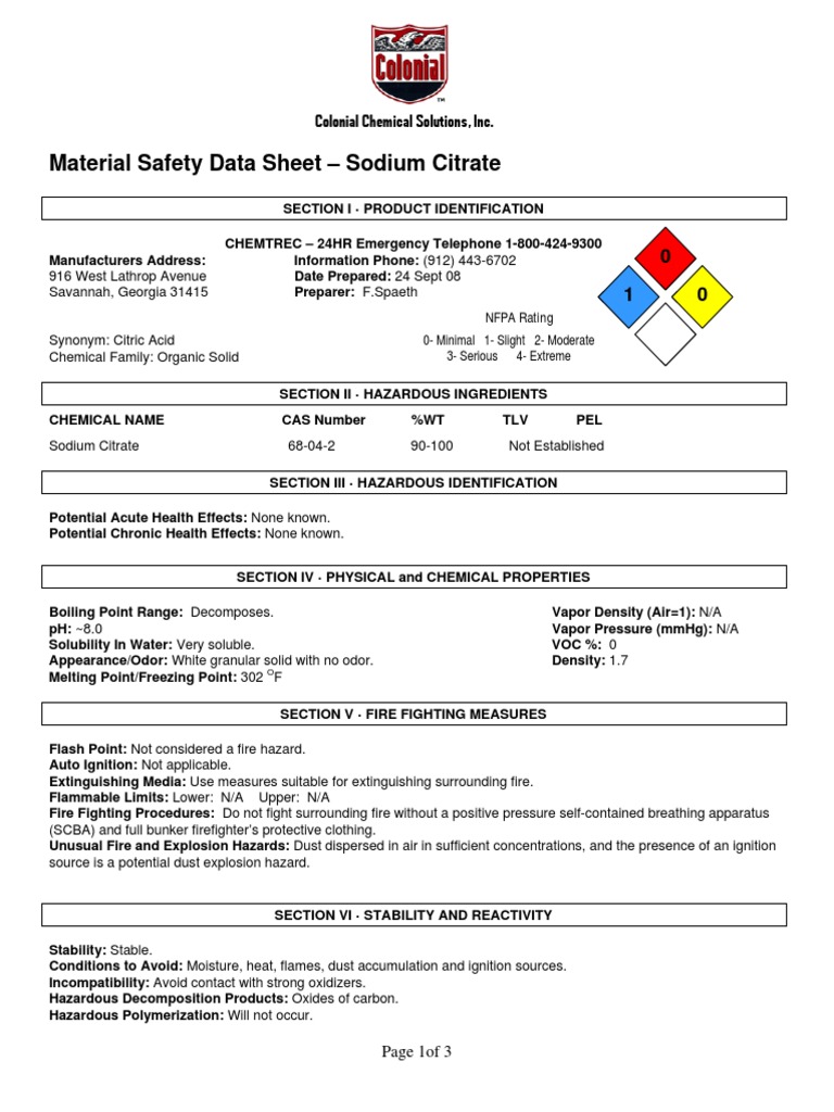 Material Safety Data Sheet - Sodium Citrate: Colonial Chemical ...