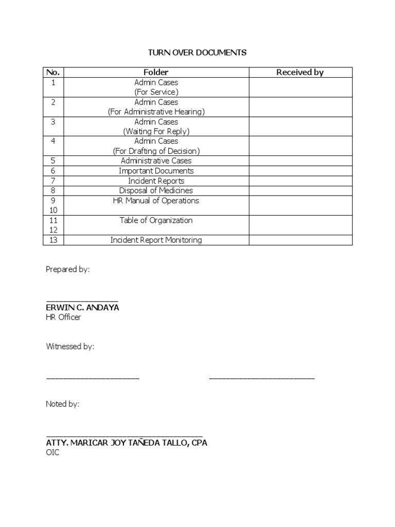 Turn Over Documents No. Folder Received by | PDF