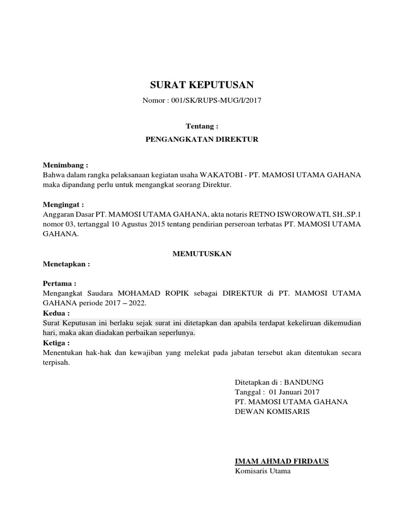 SK Pengangkatan Direktur PT MUG | PDF