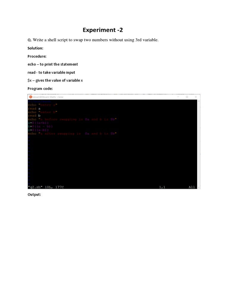 Experiment - 2: Q. Write A Shell Script To Swap Two Numbers Without ...