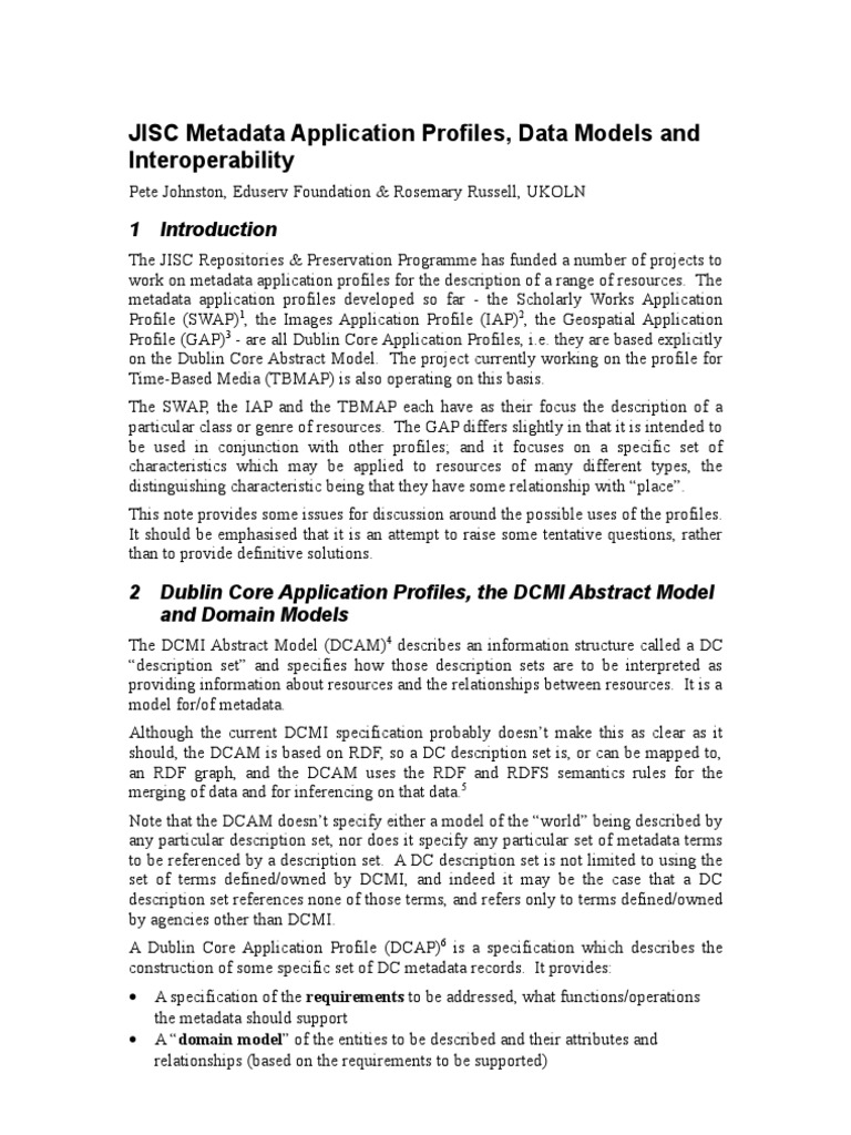 JISC Metadata Application Profiles, Data Models and Interoperability | PDF | Resource ...