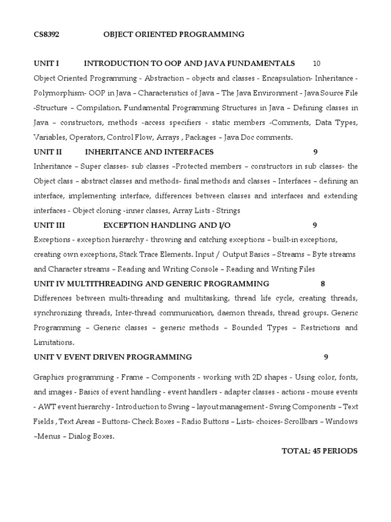 Cs8392 Object Oriented Programming | PDF | Java (Programming Language) | Class (Computer ...