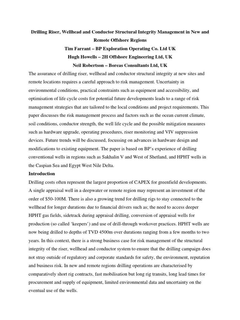 Drilling Riser, Wellhead & Conductor Structural Integrity Management in ...