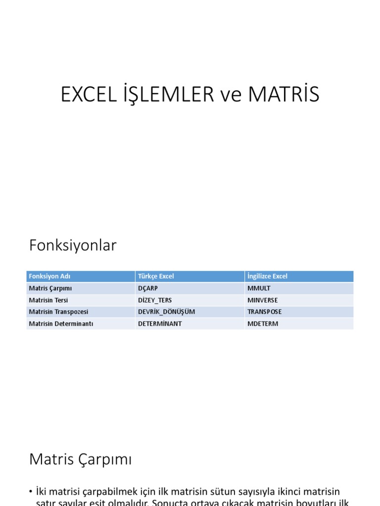 Excel Islem Matris