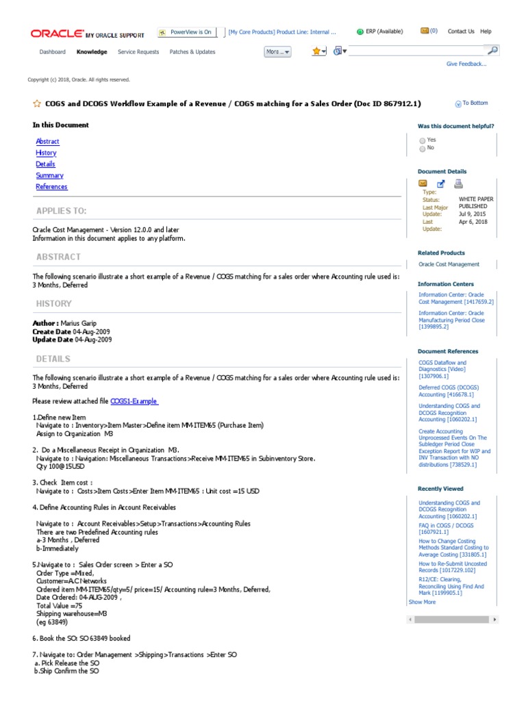 COGS and DCOGS Workflow Example of A Revenue COGS Matching For A Sales ...