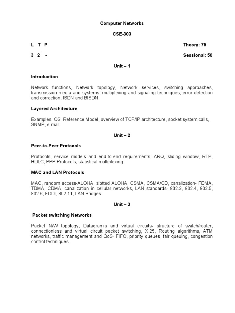 Computer Networks CSE-303 L T P Theory: 75 3 2 - Sessional: 50 Unit - 1 | PDF | Internet ...
