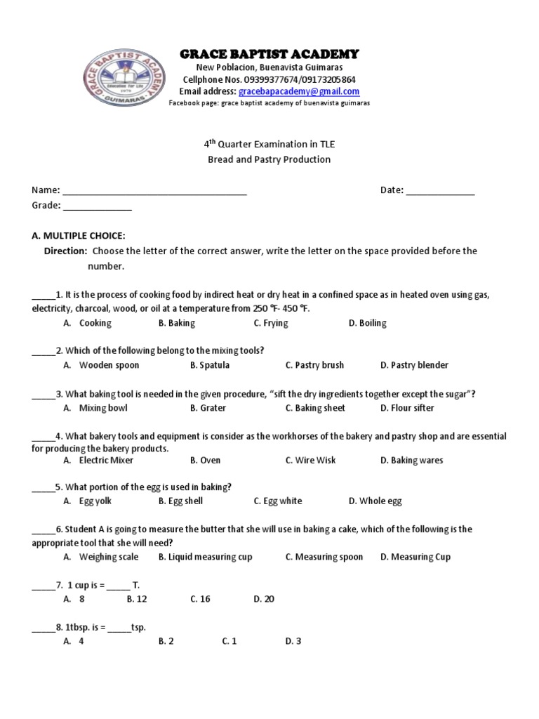 Fourth Quarter Exam in TLE Grade Seven | Baking | Personal Protective ...