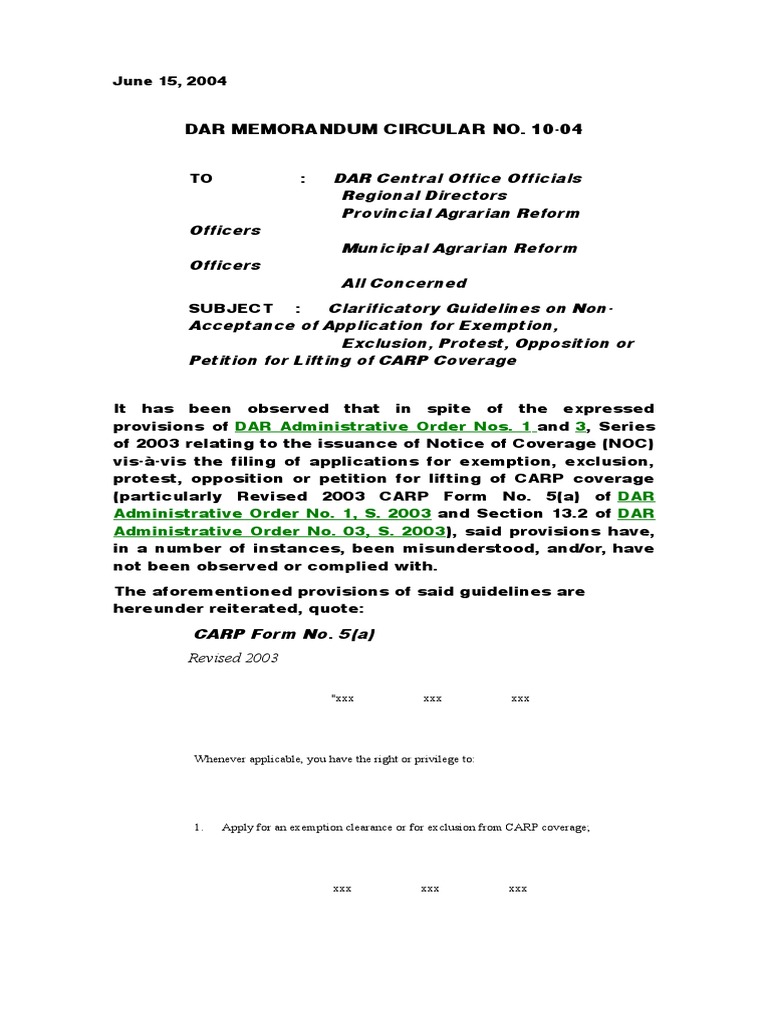 Dar Memorandum Circular No. 10-04: June 15, 2004 | PDF | Social ...