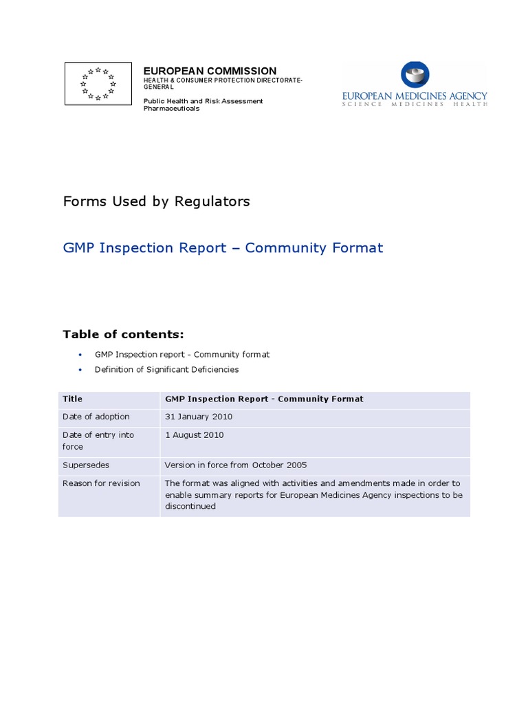 Forms Used by Regulators: GMP Inspection Report - Community Format ...