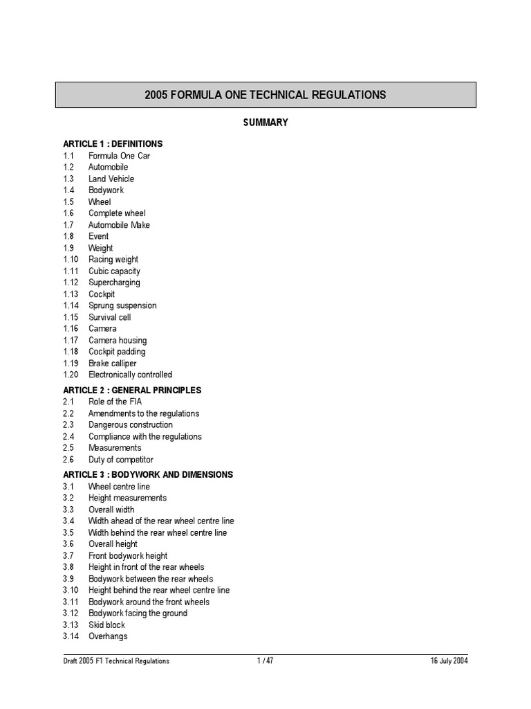 2005 F1 Technical Regs | PDF | Suspension (Vehicle) | Engines