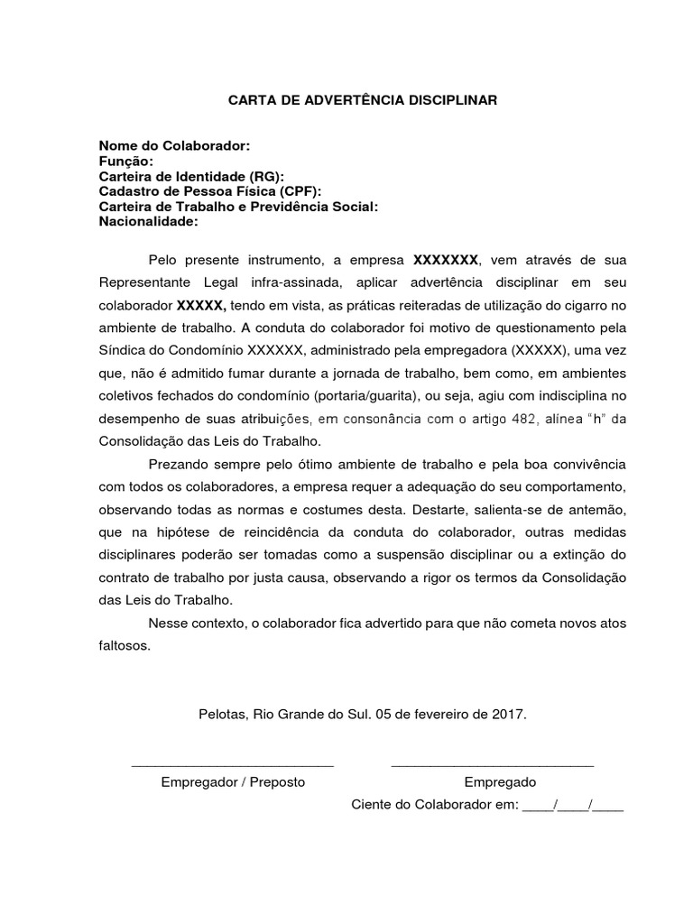Carta de Advertência Disciplinar | PDF Carta de Advertência Disciplinar | PDF