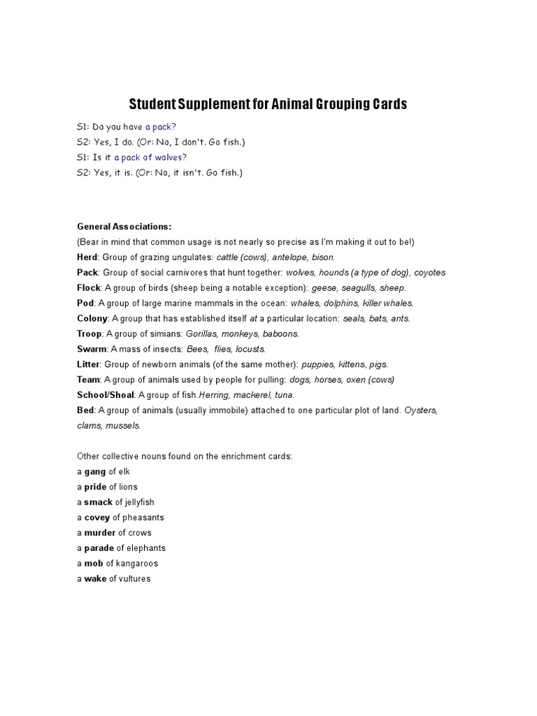 Student Supplement For Animal Grouping Cards: A Pack A Pack of Wolves | PDF