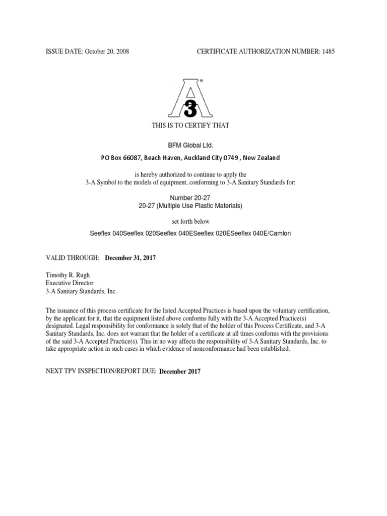 3A Certification 20 27 Plastic Materials | PDF