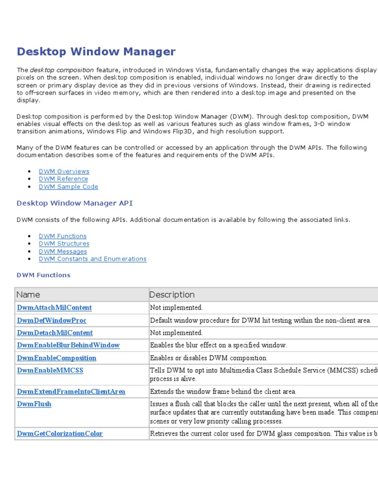 Desktop Window Manager: DWM Overviews DWM Reference DWM Sample Code ...
