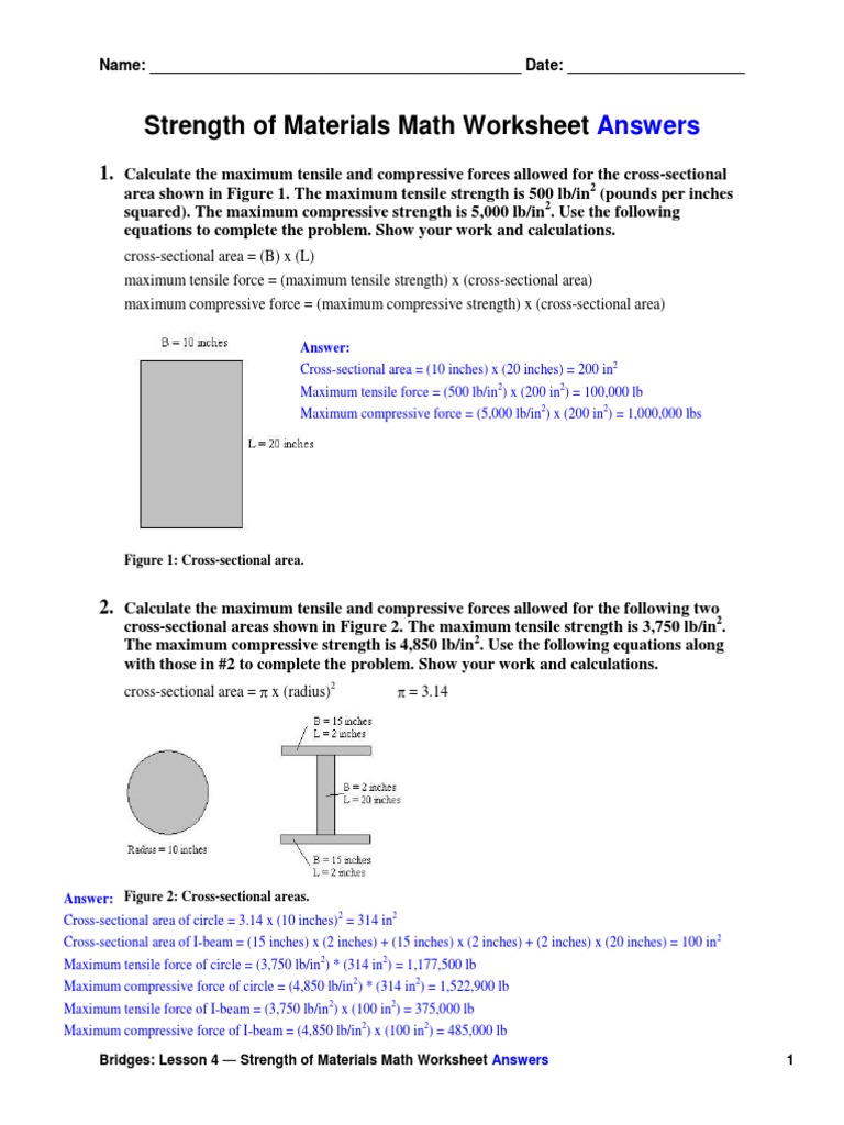 Strength of Materials Math Worksheet: Answers | PDF | Stress (Mechanics ...
