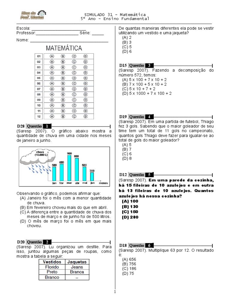 Simulado 31 (Mat. 5º Ano) - Blog Do Prof. Warles | PDF | Lazer