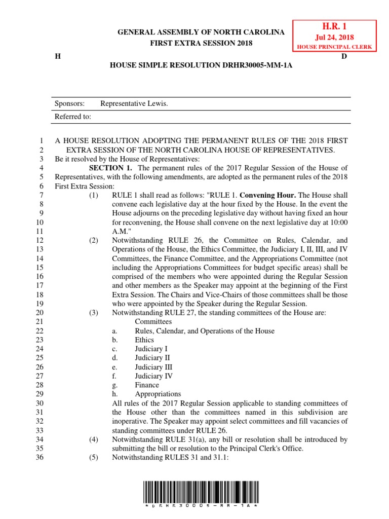 NCGA Project House Resolution 1 Extra Session 1 Rules | PDF | United ...